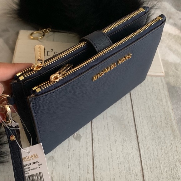 Michael Kors | Bags | New Mk Double Zipper Wallet Navy Blue Gold | Poshmark